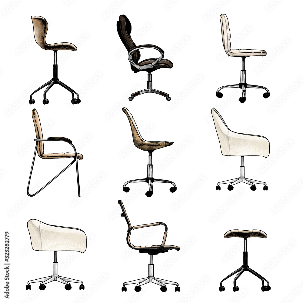 set of office chairs in the loft style side view for drawing up and ...