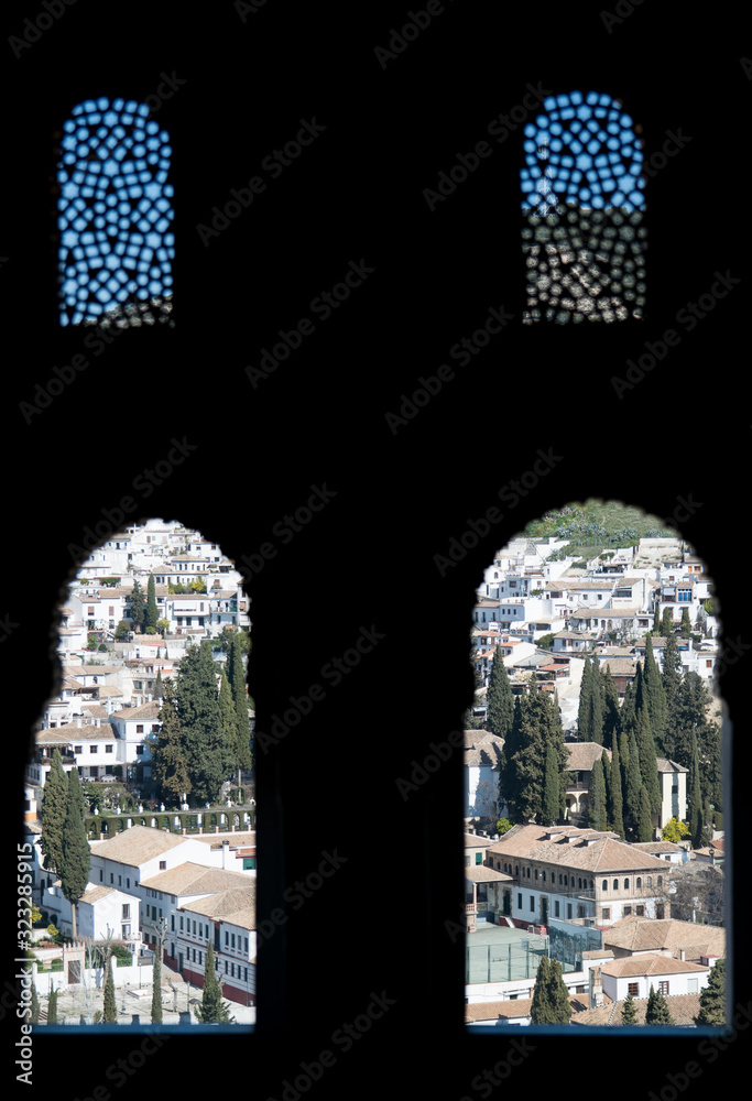 Arabic architectural details in columns and arches of a mosque or an ...