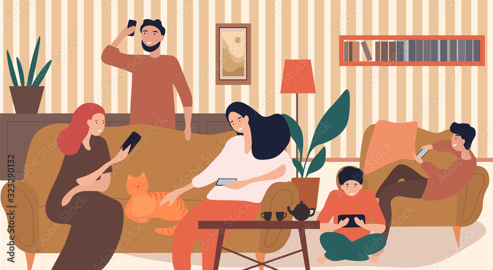 Family with technology addiction relaxing together in a living room ...