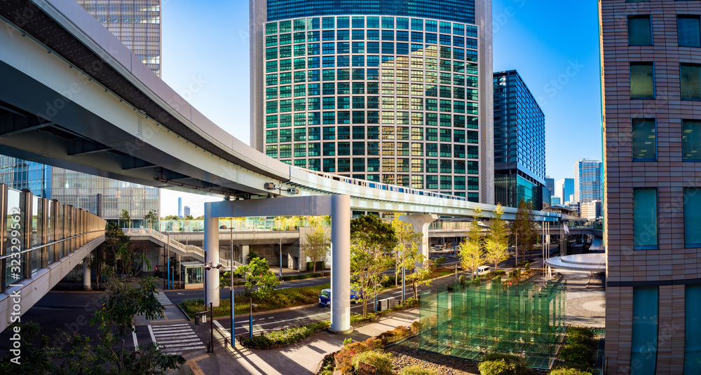 Tokyo. Japan. Railway bridge near the skyscrapers. Modern architecture ...