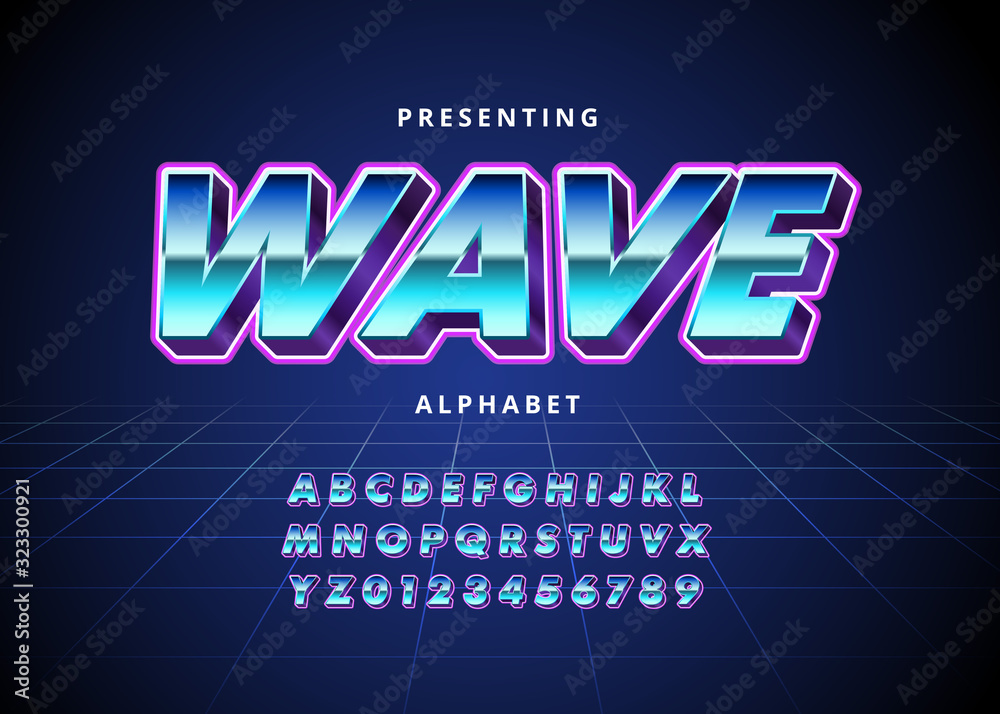 Retro Futuristic 80s font style. Vector alphabet with chrome effect template for game title ...