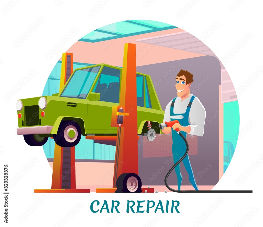 Car Repair Service Advertisement. Friendly Smiling Cartoon Repairman ...