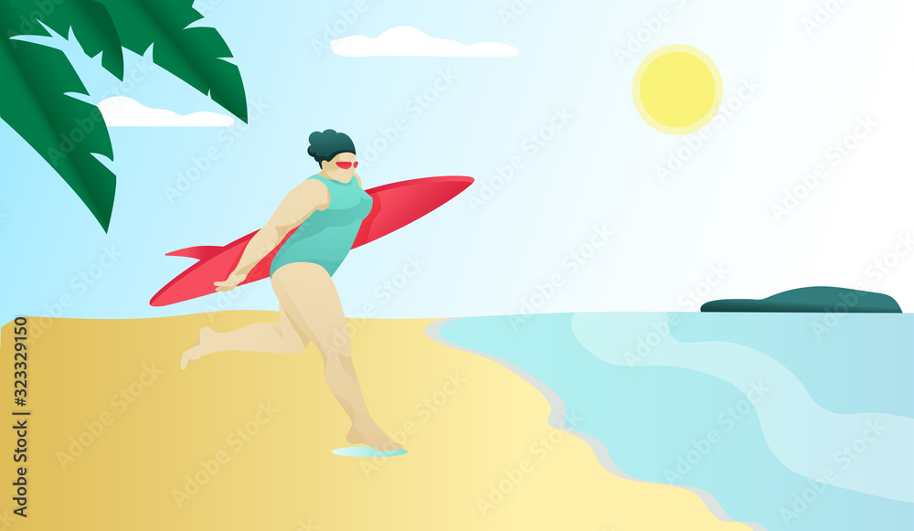 Cartoon Overweight Woman in Swimming Suit Carries Flat Surfboard Walk ...
