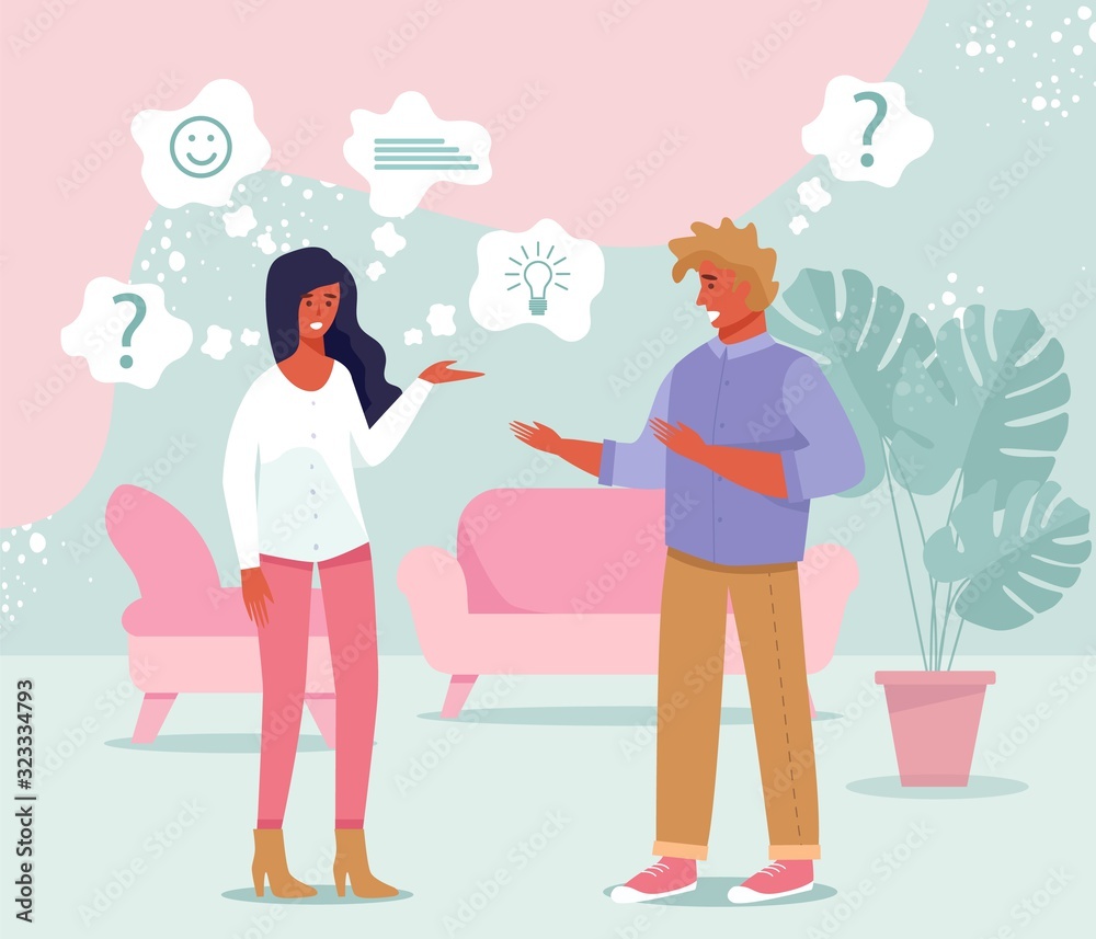 Man and Woman Talking, Discussing, Sharing Ideas. Social Icons in ...