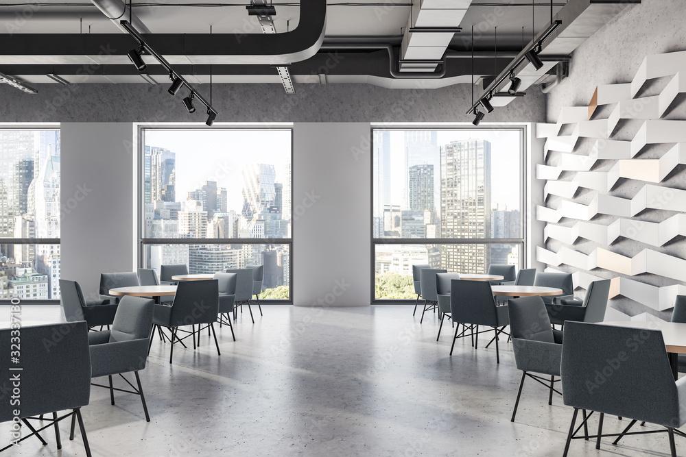 Gray ceiling geometric pattern cafe with windows Stock Photo | Adobe Stock