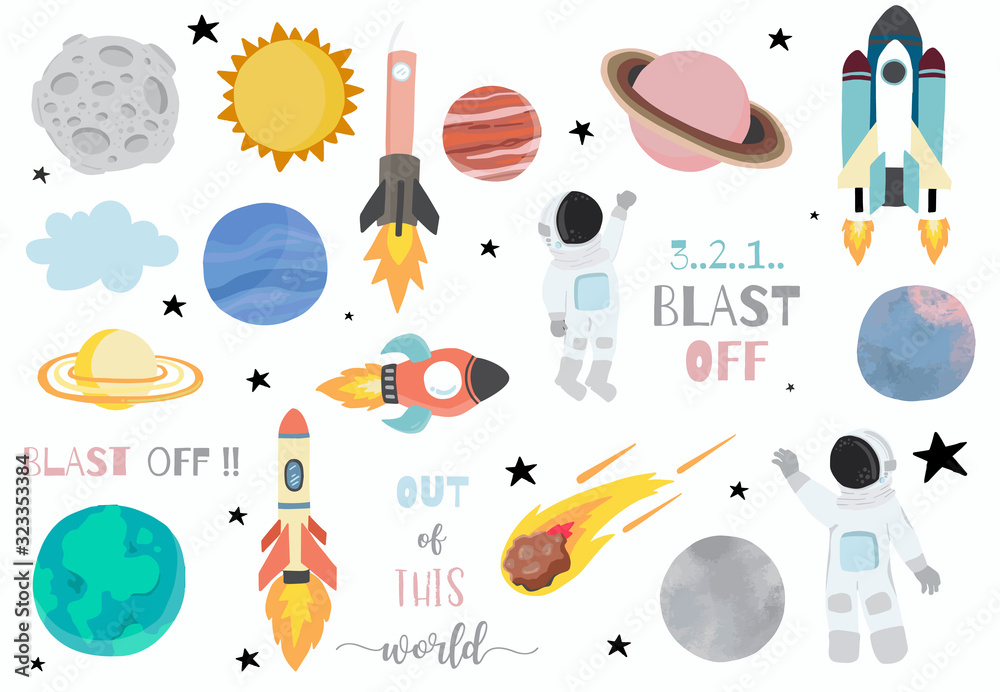 Cartoon object space collection with planet,astronaut,moon,sun.Vector ...