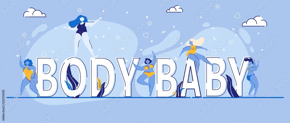 Plus Size Characters Standing around Body Baby Typography Flat Cartoon ...