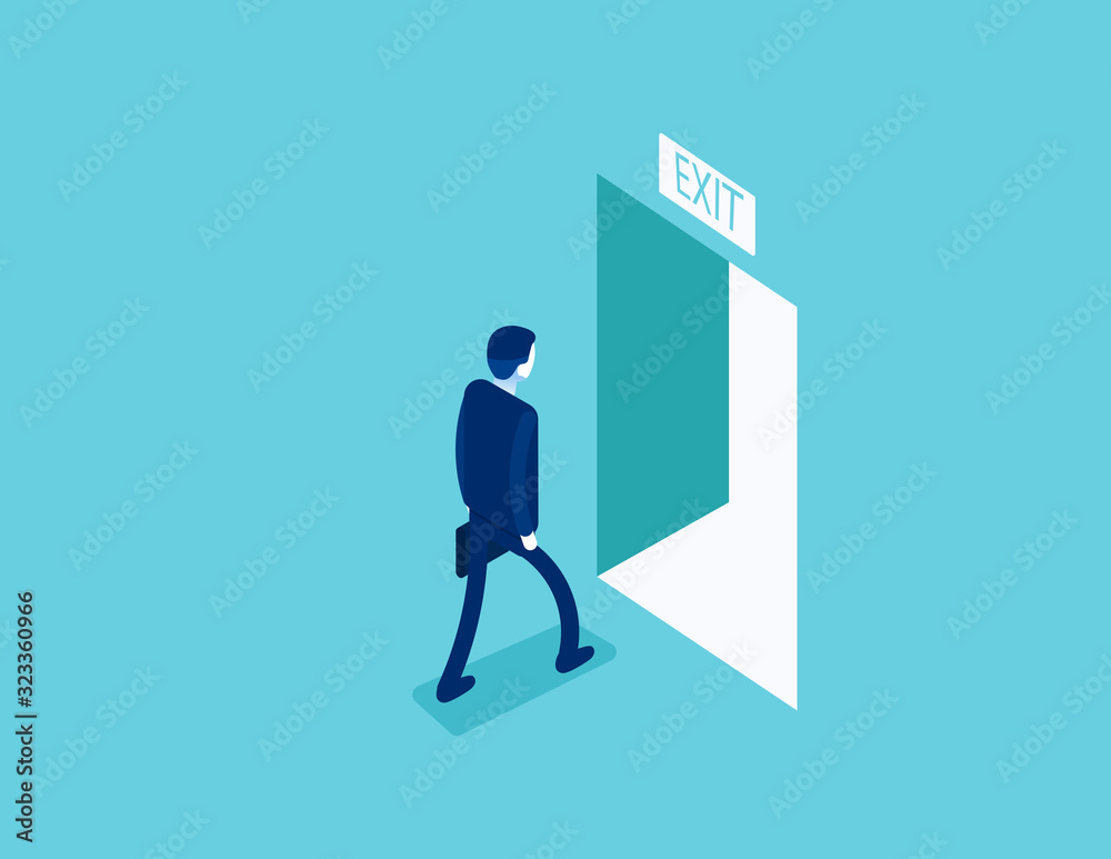 Man walking to the exit through an open door. Escape route concept ...