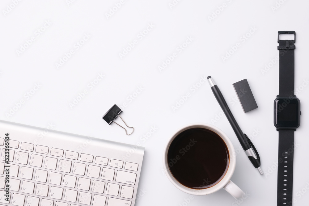 Flat lay top view office desk Workspace with computer keyboard, office ...