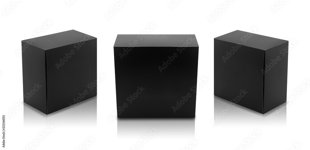 Set of Black box product packaging in side view and front view isolated ...