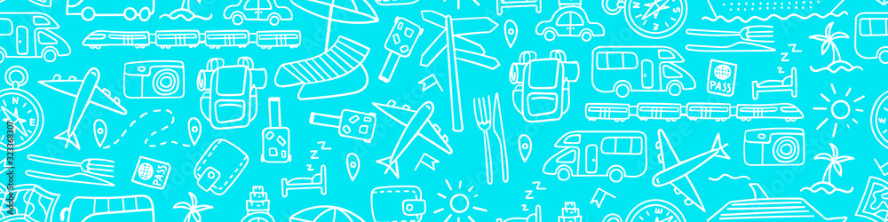 Horizontal seamless pattern with hand drawn travel doodles. Vacation ...