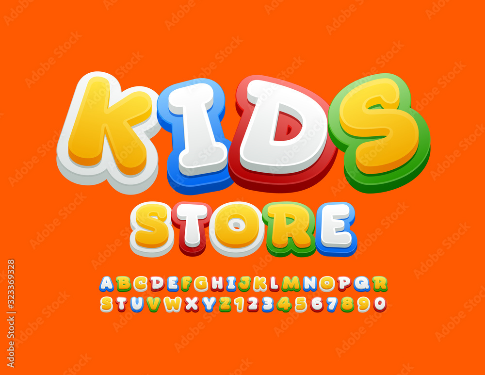 Vector colorful emblem Kids Store with playful Font. Funny bright Alphabet Letters and Numbers ...