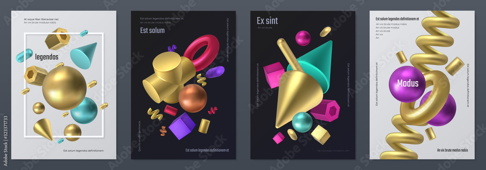 Render shapes poster. Realistic 3D geometry shapes, minimal flyer with ...