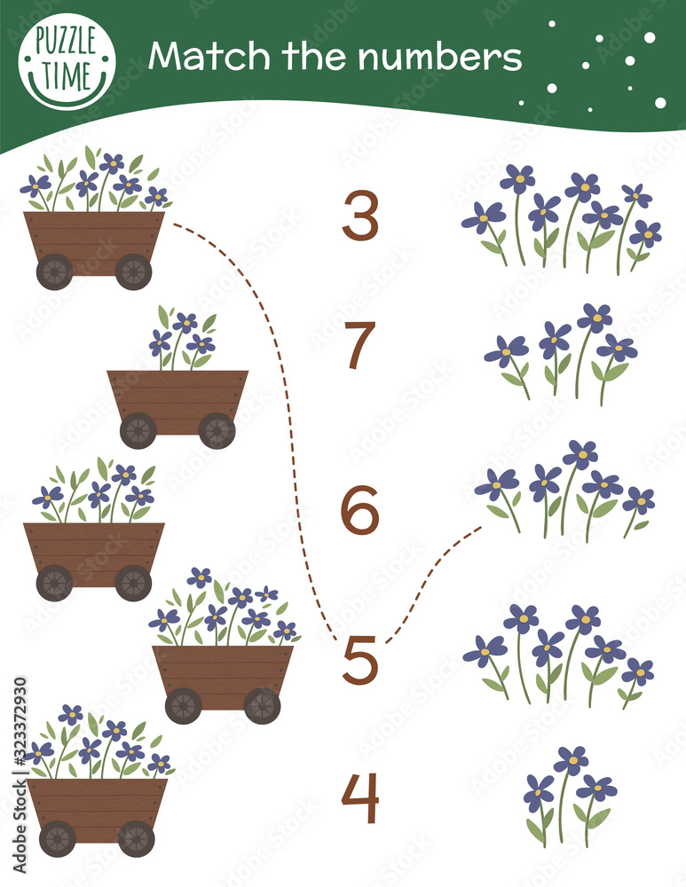 Matching game with flowerbed and flowers. Garden math activity for ...