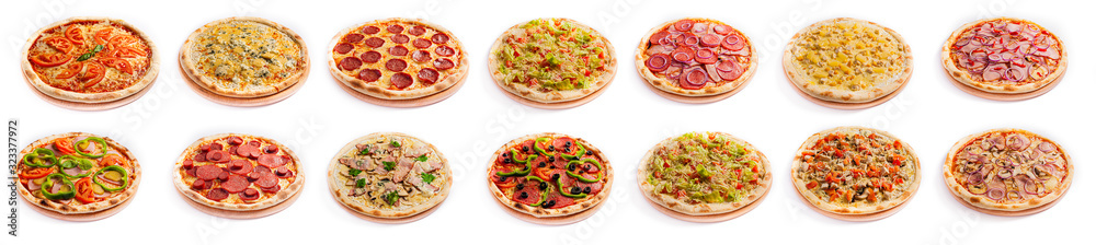 Set of pizza isolated, side view, on white background. Pizza photo for ...