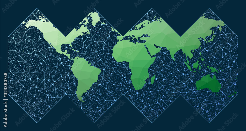 Abstract map of world network. Healpix projection. Green low poly world ...