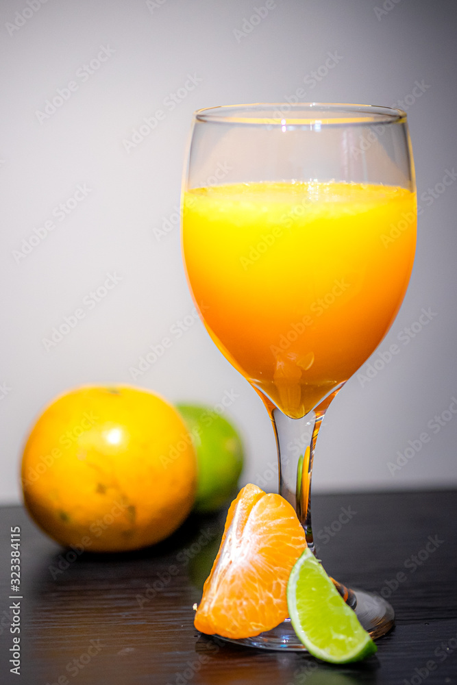 Soft Focus,Close-up shot, squeezed orange juice with lemon juice ...