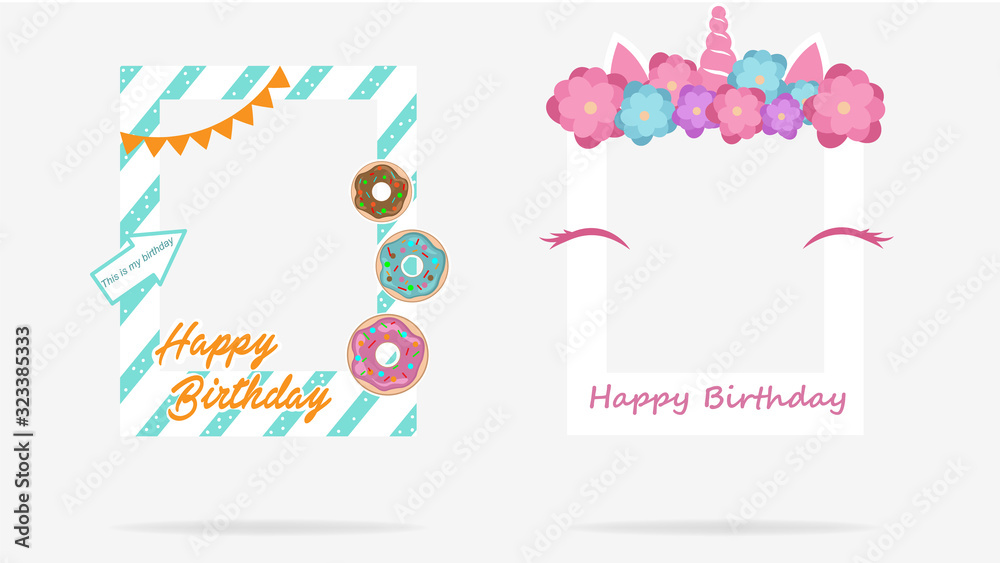 Set of birthday decorative photo frame isolated on white background ...