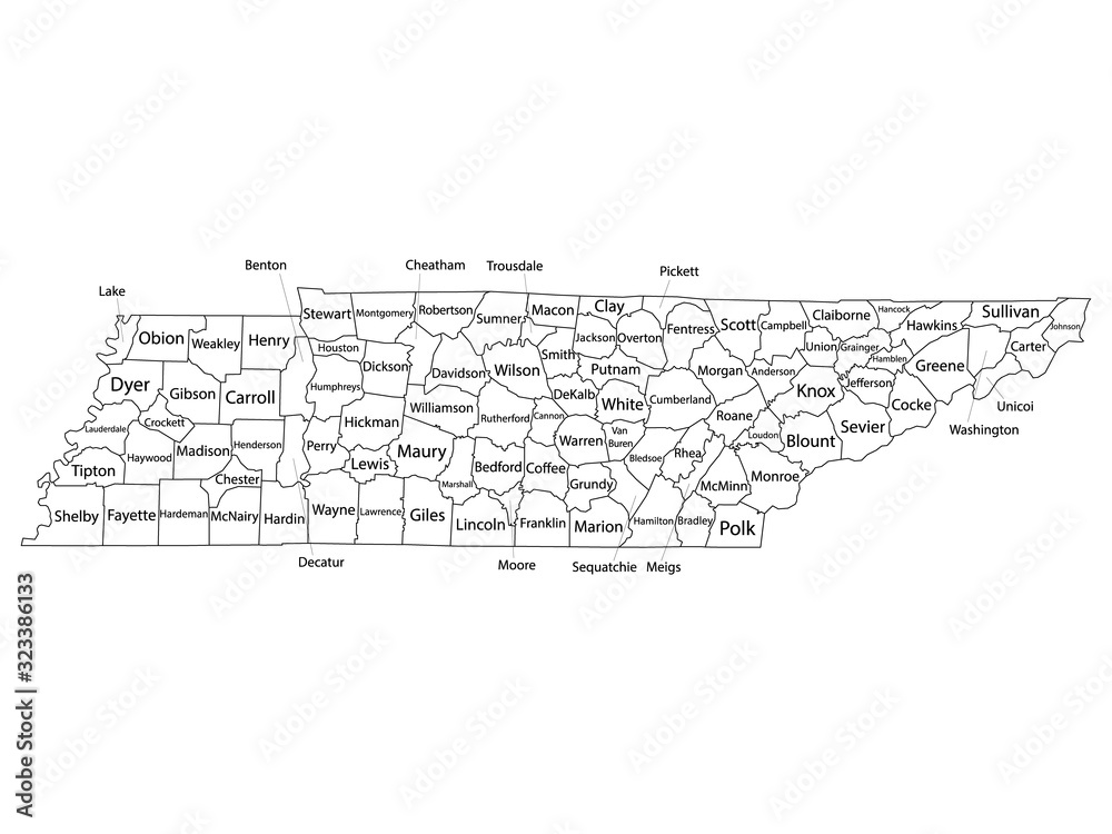 White Outline Counties Map With Counties Names of US State of Tennessee ...