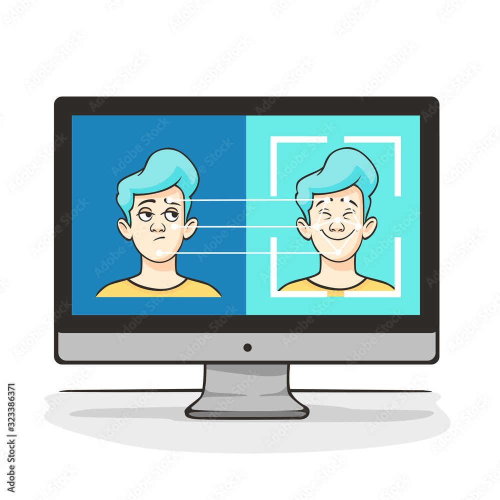 Vetor de Modern technology artificial intelligence deepfake vector flat illustration. Biometric ...