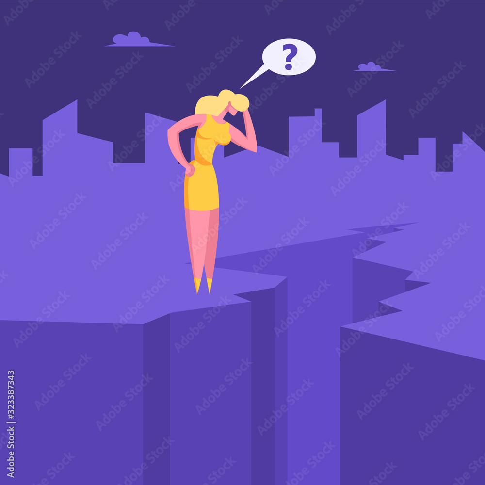 Crisis Concept. Confused Businesswoman Stand on Edge of Cleft with ...