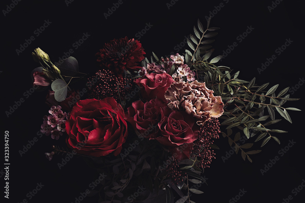 Beautiful bouquet of different flowers on black background. Floral card ...