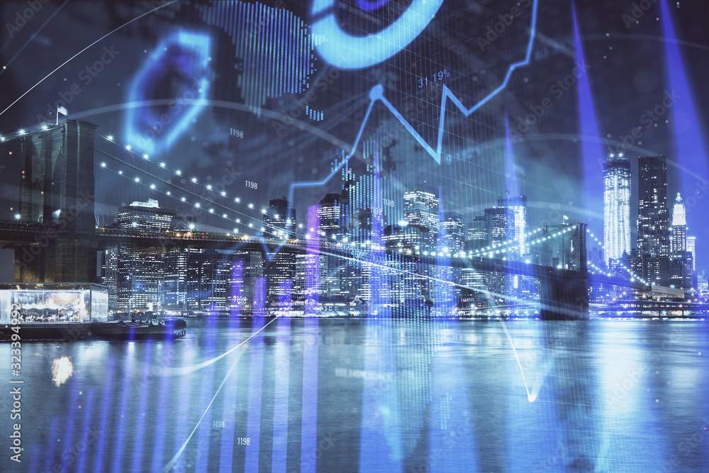 Financial chart on city scape with tall buildings background multi ...