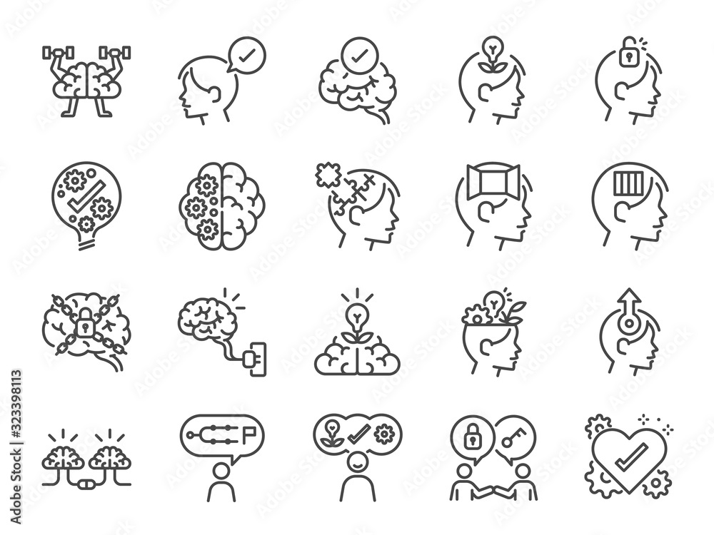 Mindset icon set. Included icons as idea, think, creative, brain, moral ...