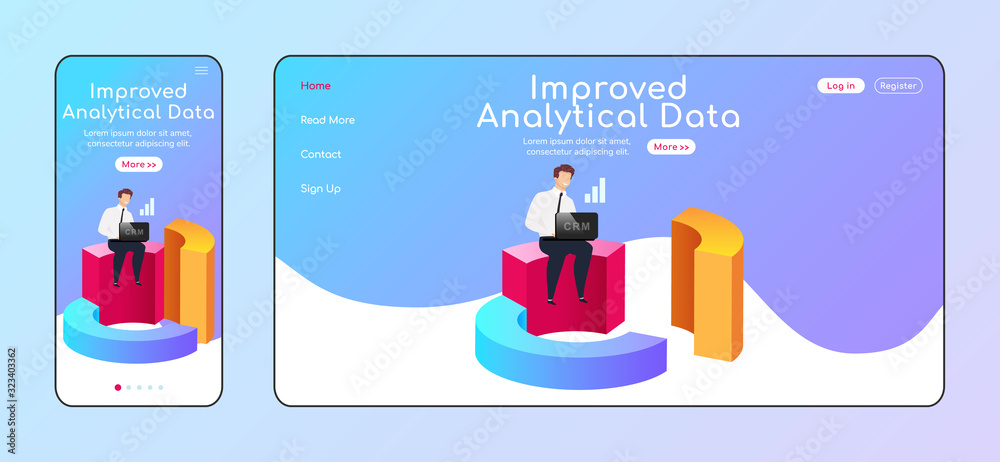Improved analytical data adaptive landing page flat color vector ...