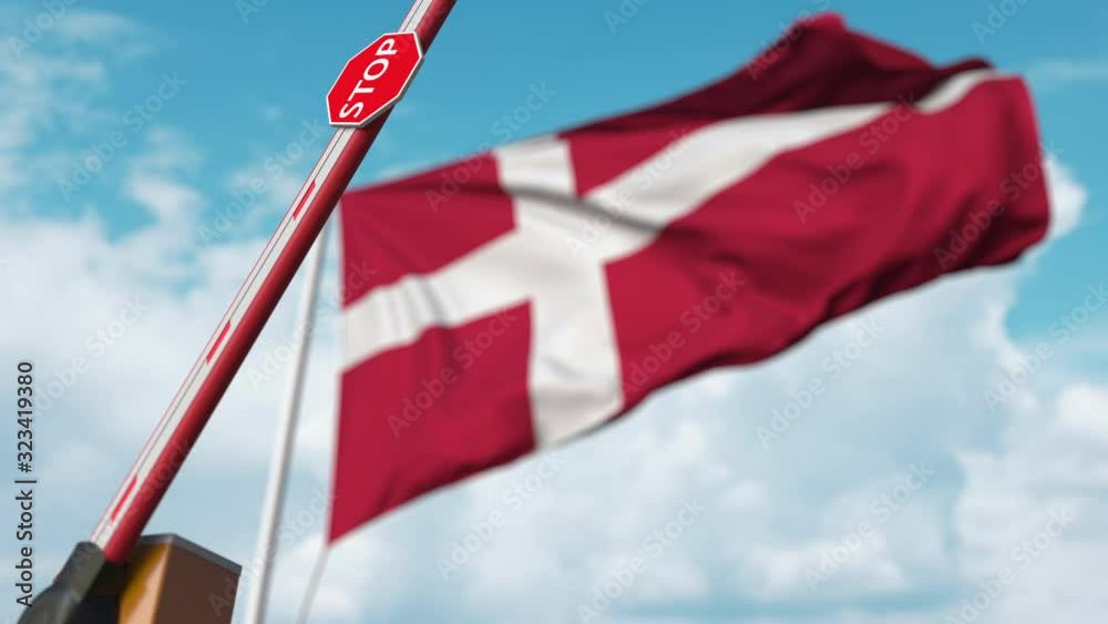 Open boom gate on the Danish flag background. Free entry or lifting a ...