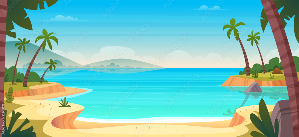 Cartoon summer wild paradise beach. Paradise nature vacation, ocean or ...