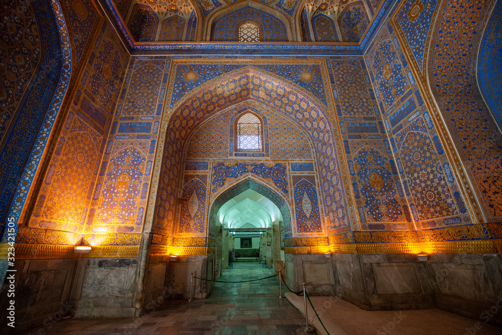 The interior of the mosque in the Tilla-Kari Madrasah on the Registan ...