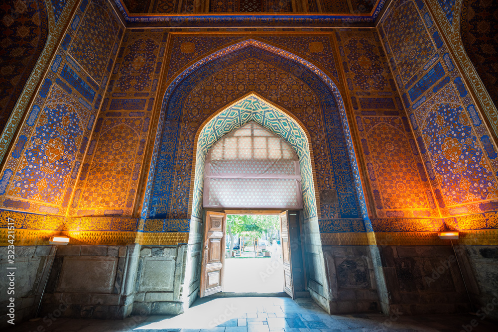 The interior of the mosque in the Tilla-Kari Madrasah on the Registan ...