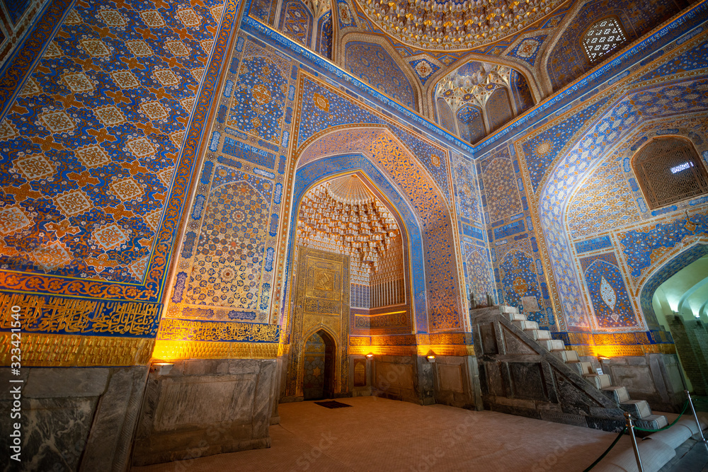 The interior of the mosque in the Tilla-Kari Madrasah on the Registan ...
