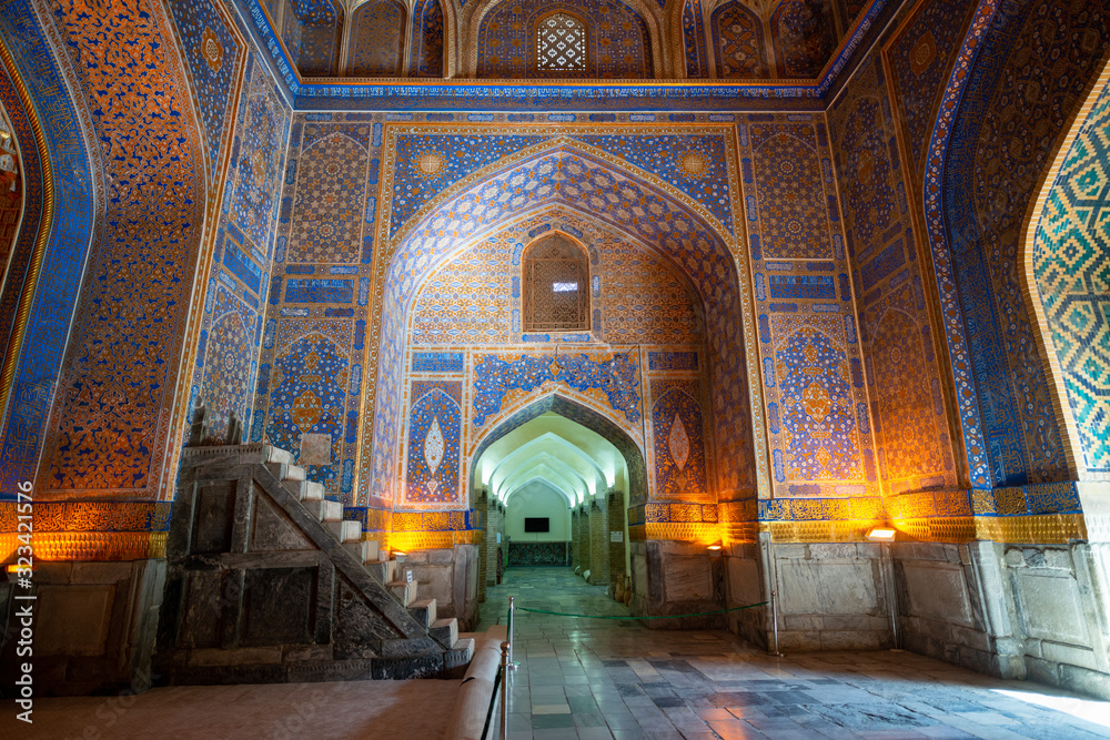 The interior of the mosque in the Tilla-Kari Madrasah on the Registan ...