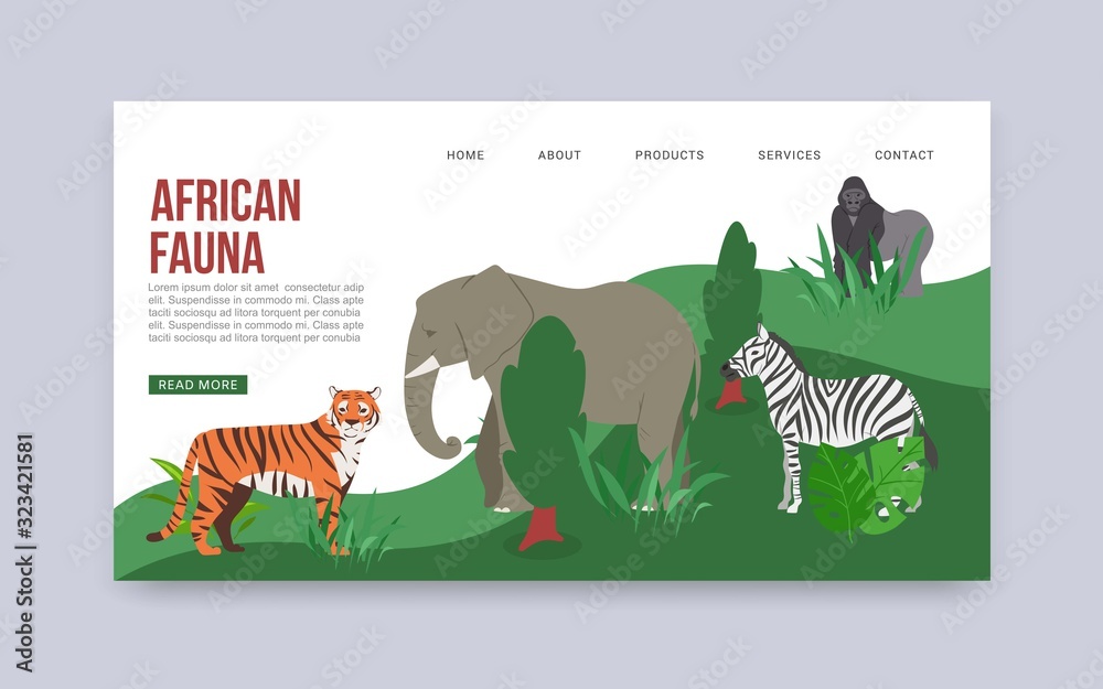 Zoo or safari entrance with african animals vector web template ...