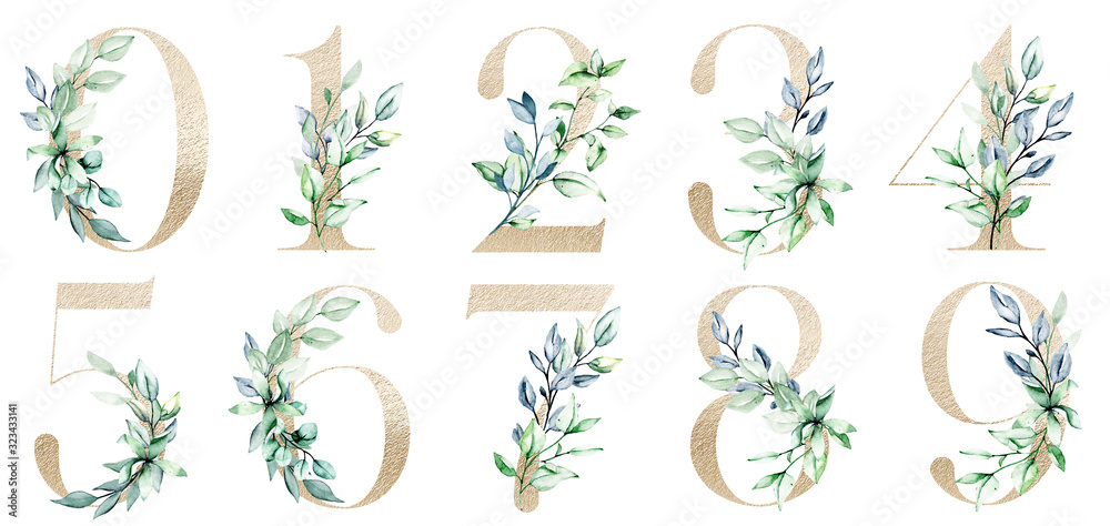 Gold numbers set with watercolor green leaves. Collection perfectly for ...