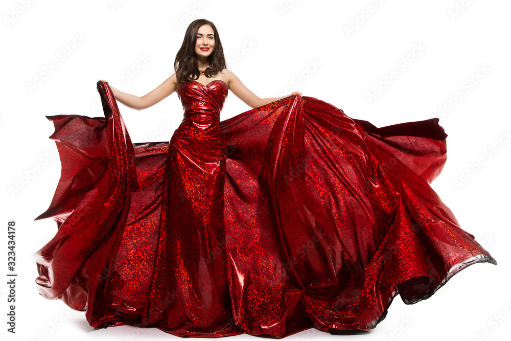 Beautiful Woman in Red Dress, Elegant Lady in Fluttering Sparkling Gown ...