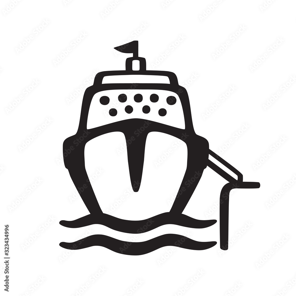 Sea cruise ship with a ramp at the coastal pier. Cartoon icon isolated ...