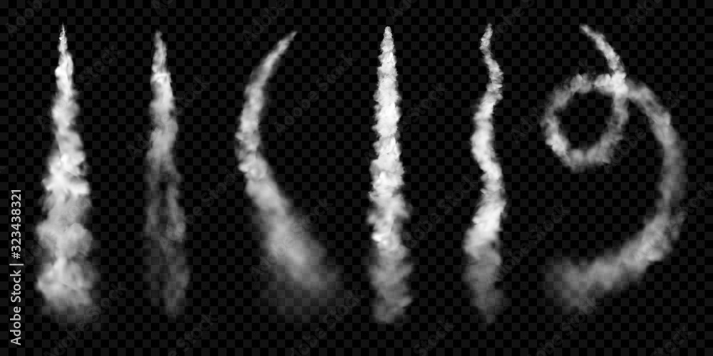 White smoke trails, vector realistic set of stem jet clouds of plane ...