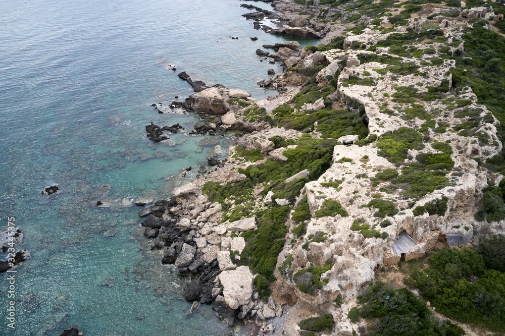 Aerial shot of beautiful turquoise beach Falasarna (Falassarna) in ...