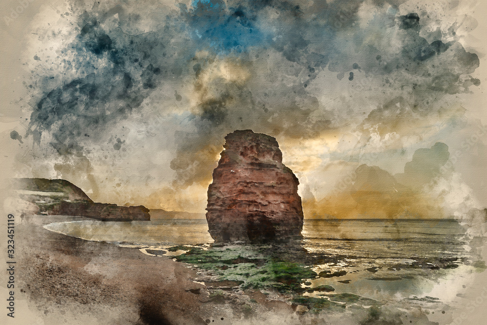 Digital watercolor painting of Stunning sunrise landscape image of ...