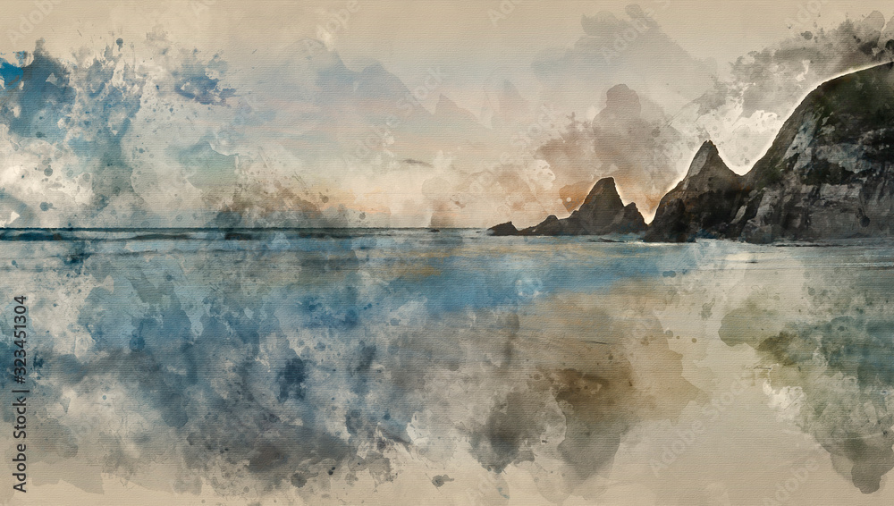 Digital watercolor painting of Stunning sunset landscape image of ...