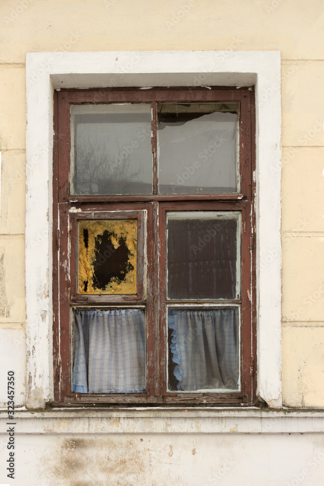 broken, wooden wretched window of the brothel, poor, alcoholic. Poverty ...
