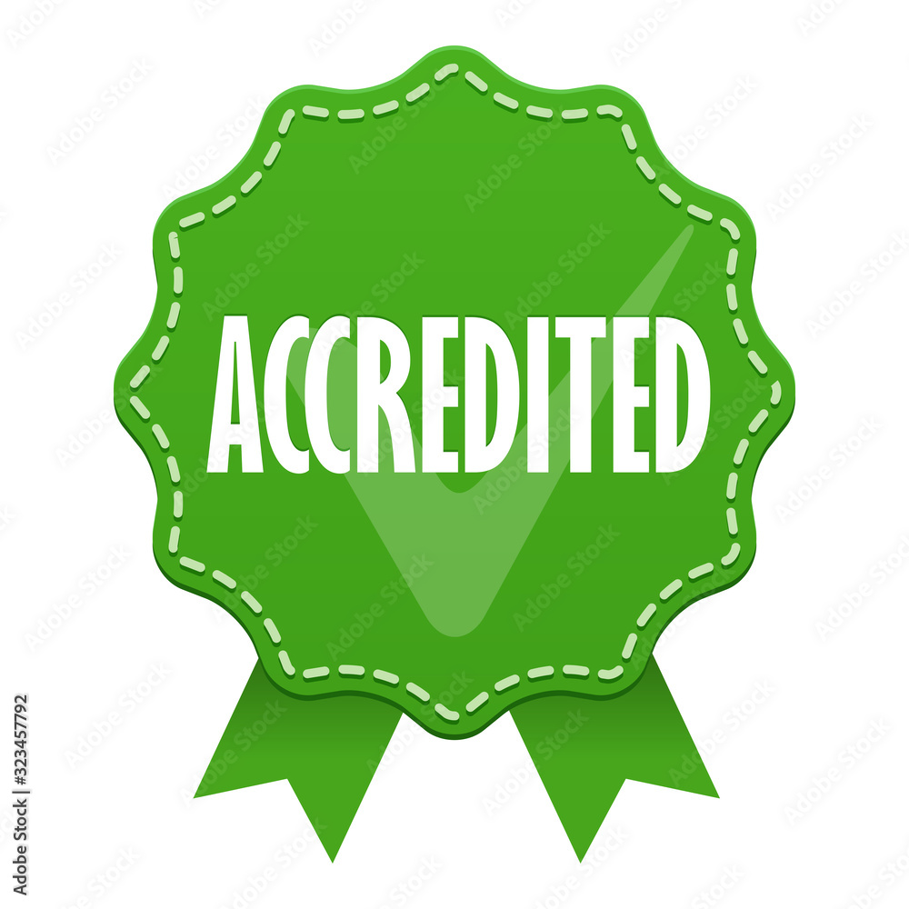 Accredited green label with tick icon isolated on white background ...