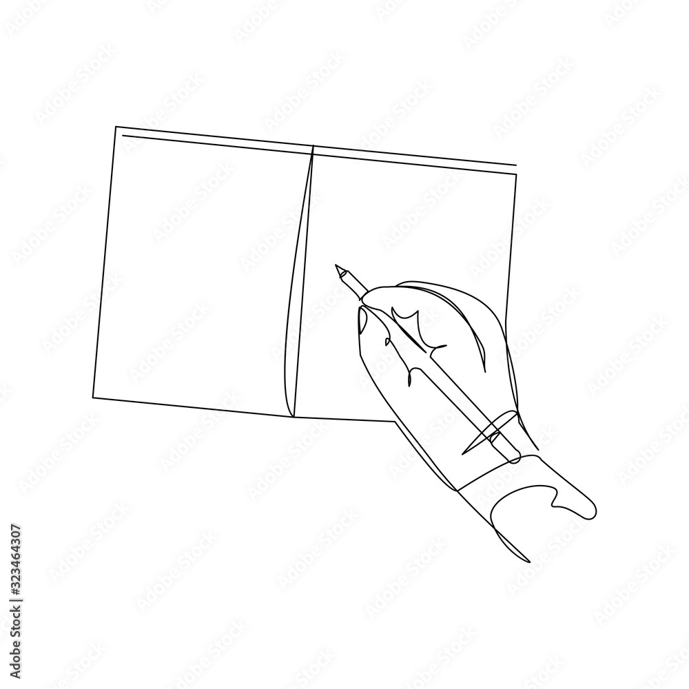Continuous line drawing of hand writing on book paper with pen. Vector ...