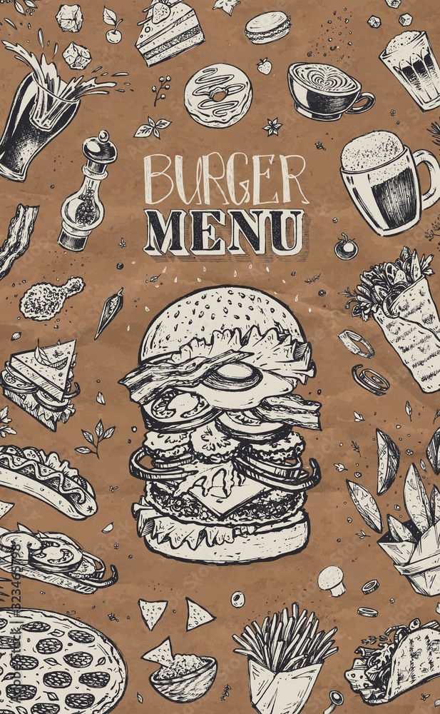 Burger menu design template for restaurants and cafes. Hand drawn ...