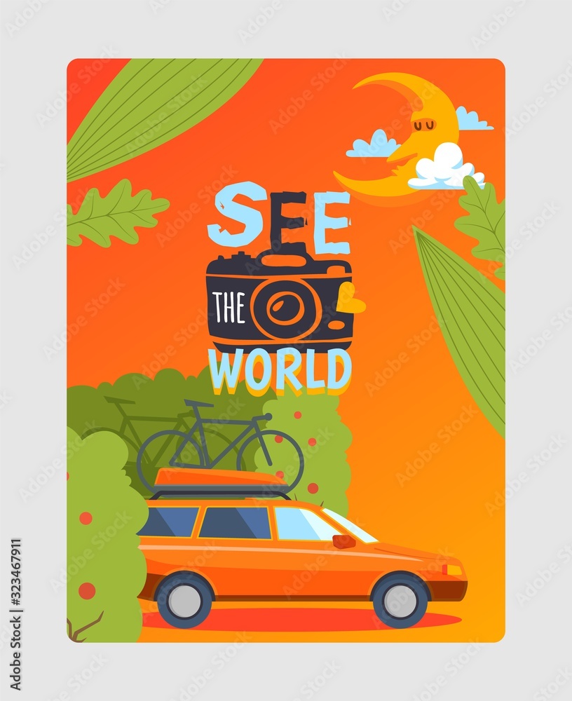Road trip poster. Car travel vector illustration for typography card ...