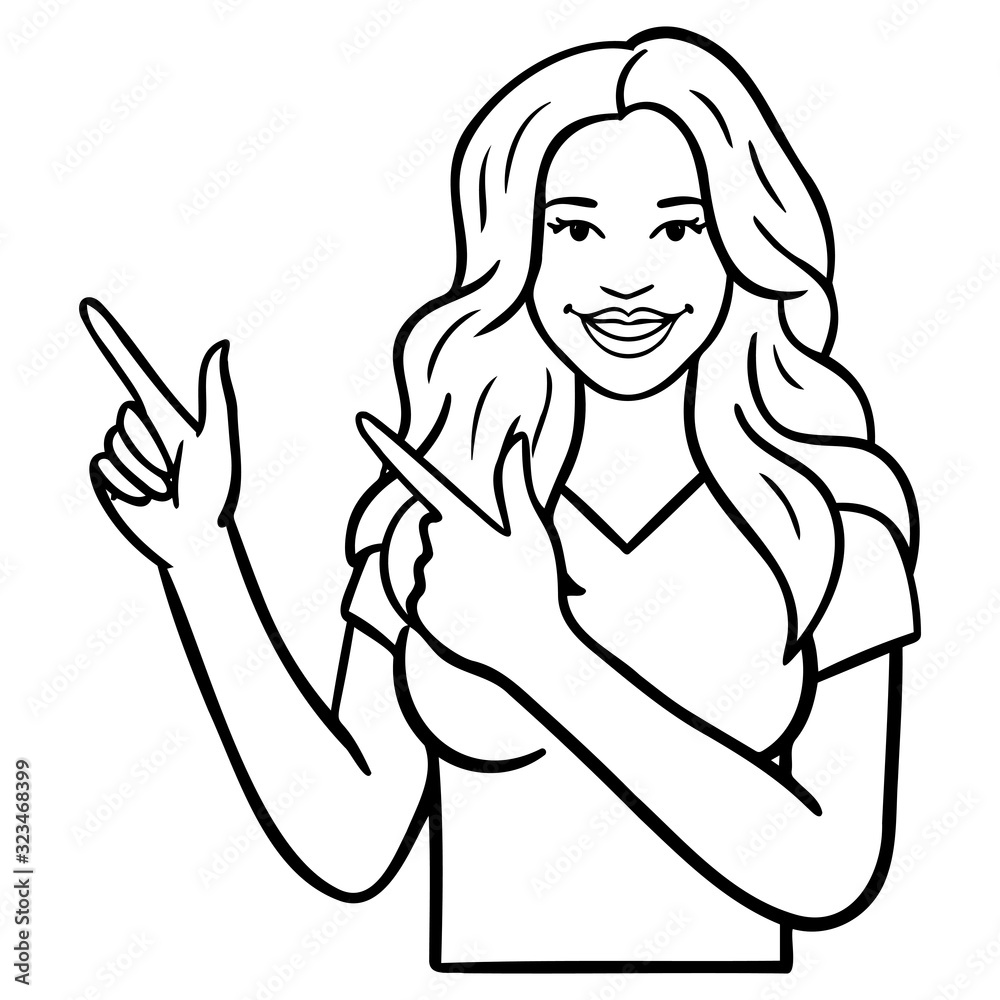 monochrome vector illustration of a laughing woman pointing up with ...