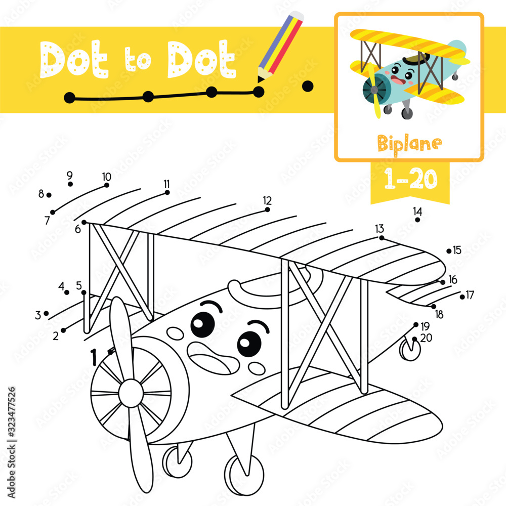 Dot to dot educational game and Coloring book Biplane cartoon character ...